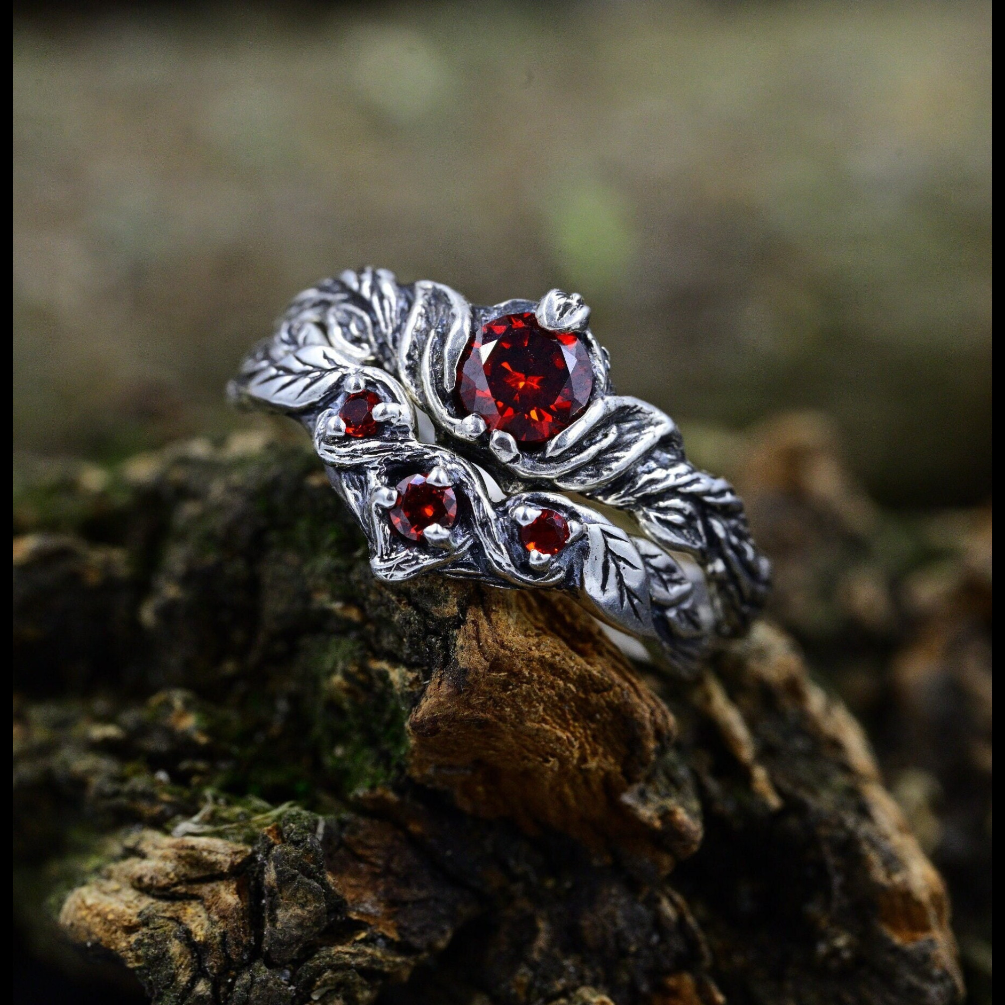 Crimson Flame: Gothic Silver Ring with Garnet Splendor